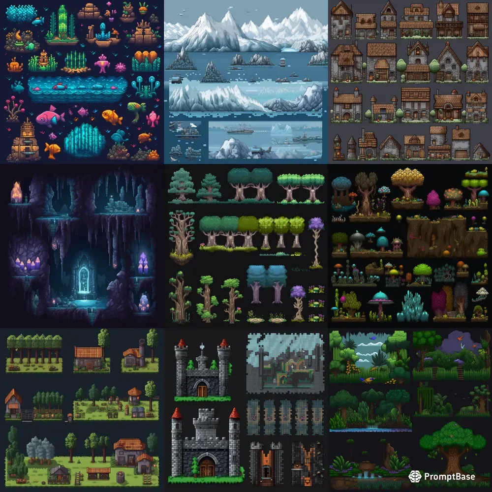 2D Pixel RPG Game Style Asset Designs Midjourney Prompt | PromptBase