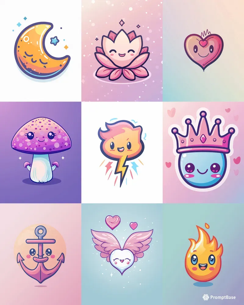 Kawaii Style 2D Logos Midjourney Prompt | PromptBase