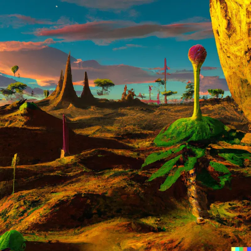 Alien Planet Landscape with Plants DALL·E Prompt | PromptBase