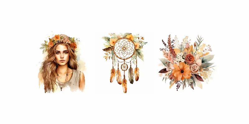 Boho Watercolor Cliparts Bohemian Drawings Midjourney Prompt | PromptBase