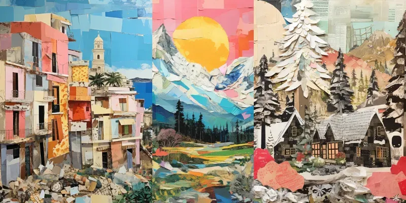 Paper Collage Landscapes Newspaper Art Midjourney Prompt | PromptBase