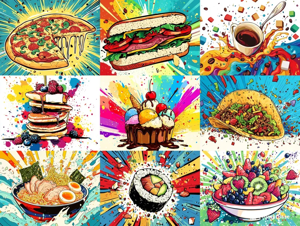 Explosive Eats Pop Art Food Fantasias Midjourney Prompt | PromptBase