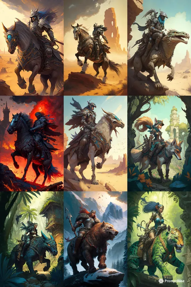 RPG Characters Riding Fantasy Animals Midjourney Prompt | PromptBase