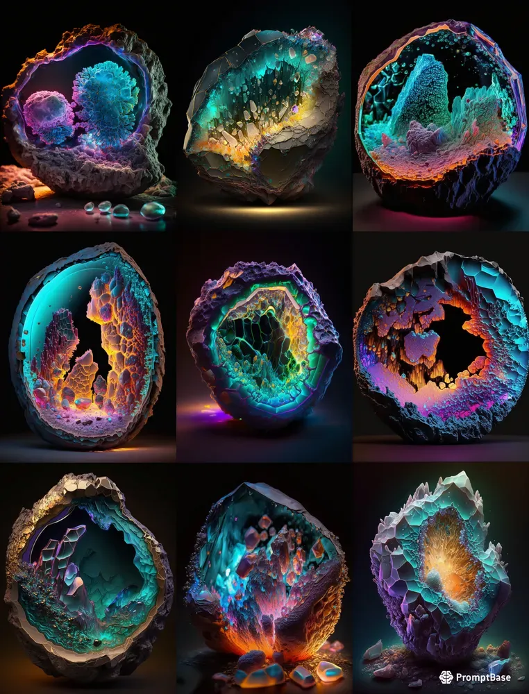 Glowing Geodes Alien Rocks Midjourney Prompt | PromptBase
