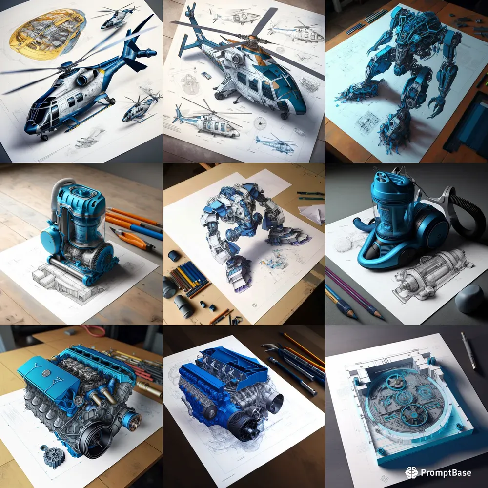 3D Illustrations With Technical Sketches Midjourney Prompt | PromptBase