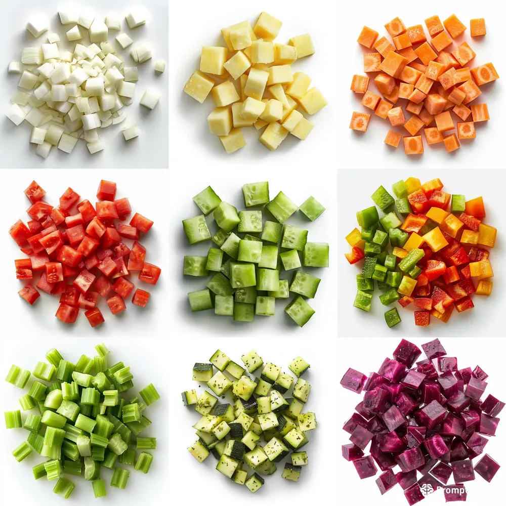 Veggie Sliced Cubes Food Photographs Midjourney Prompt | PromptBase