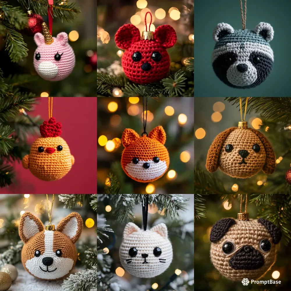 Cute Animal Crochet Christmas Tree Balls Midjourney Prompt | PromptBase