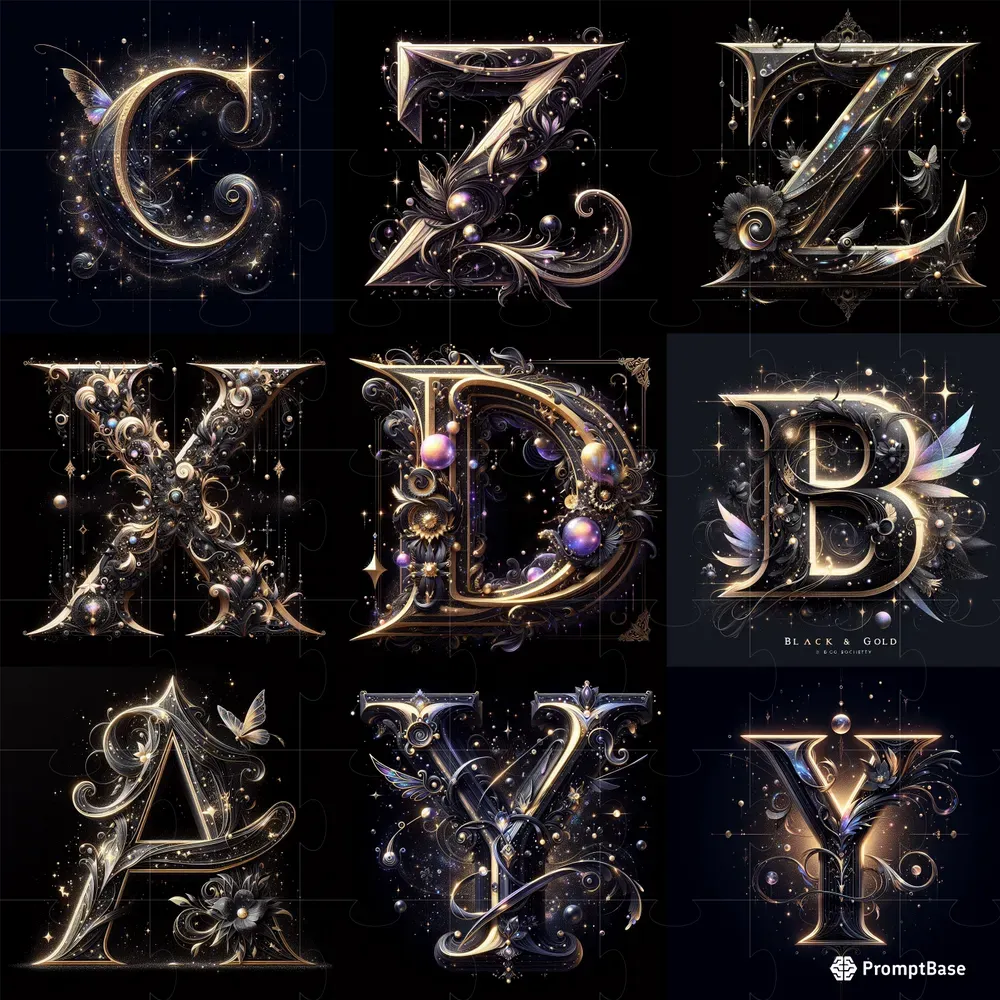 Celestial Alphabet Black Gold DALL·E Prompt | PromptBase
