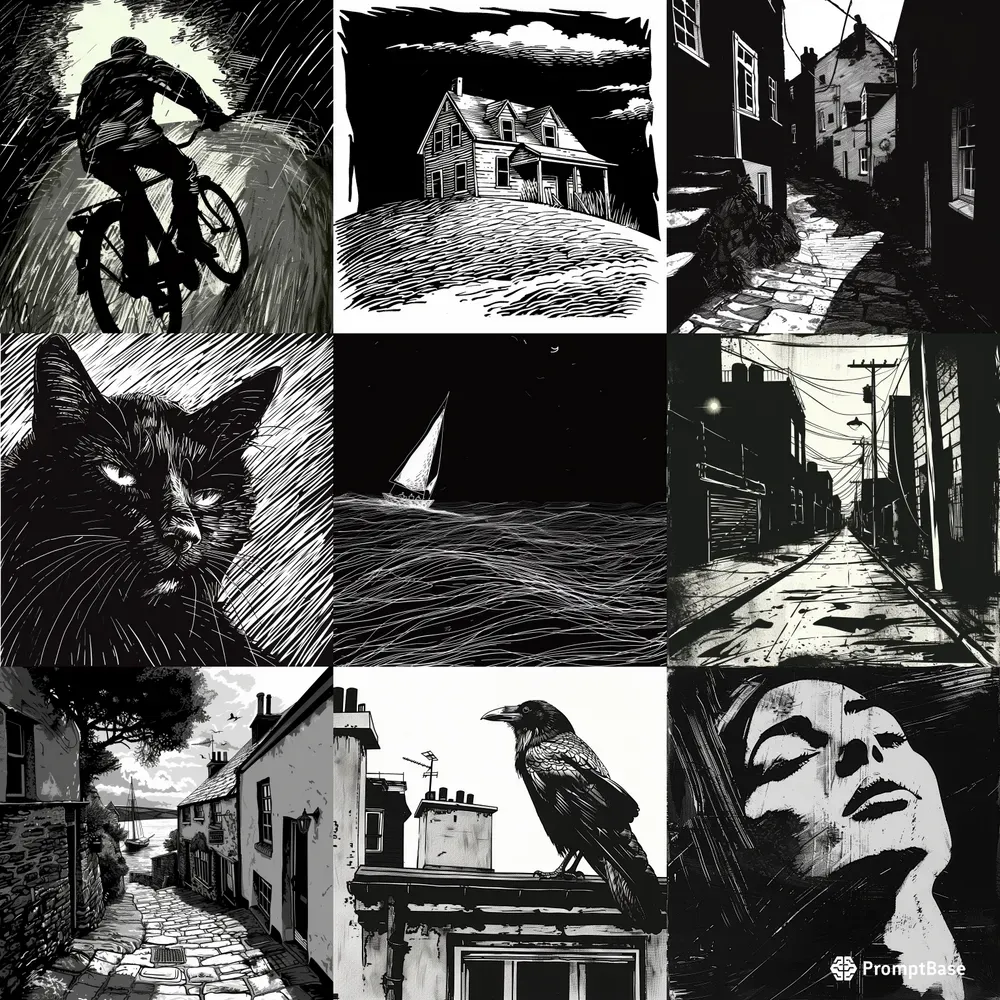 Dark Moody Black And White Ink Drawings Midjourney Prompt | PromptBase