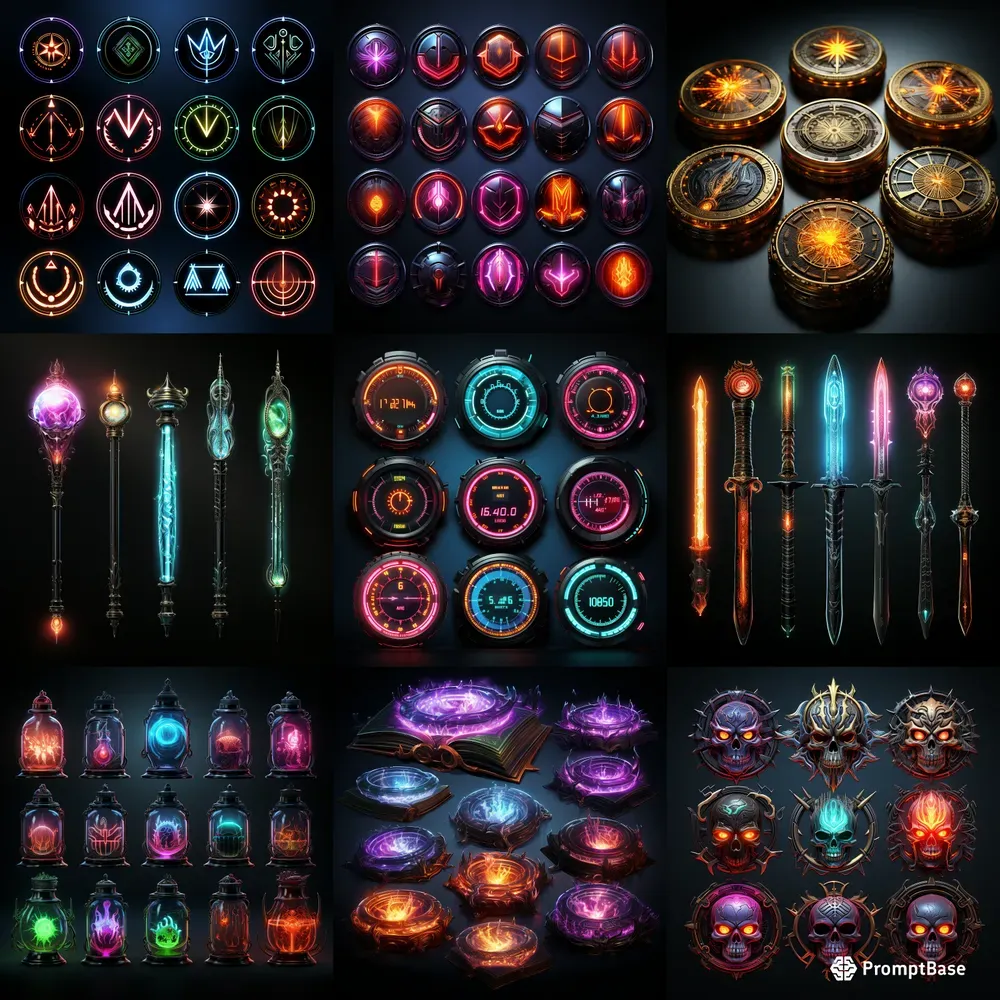 Neon Game Asset Icons Midjourney Prompt | PromptBase