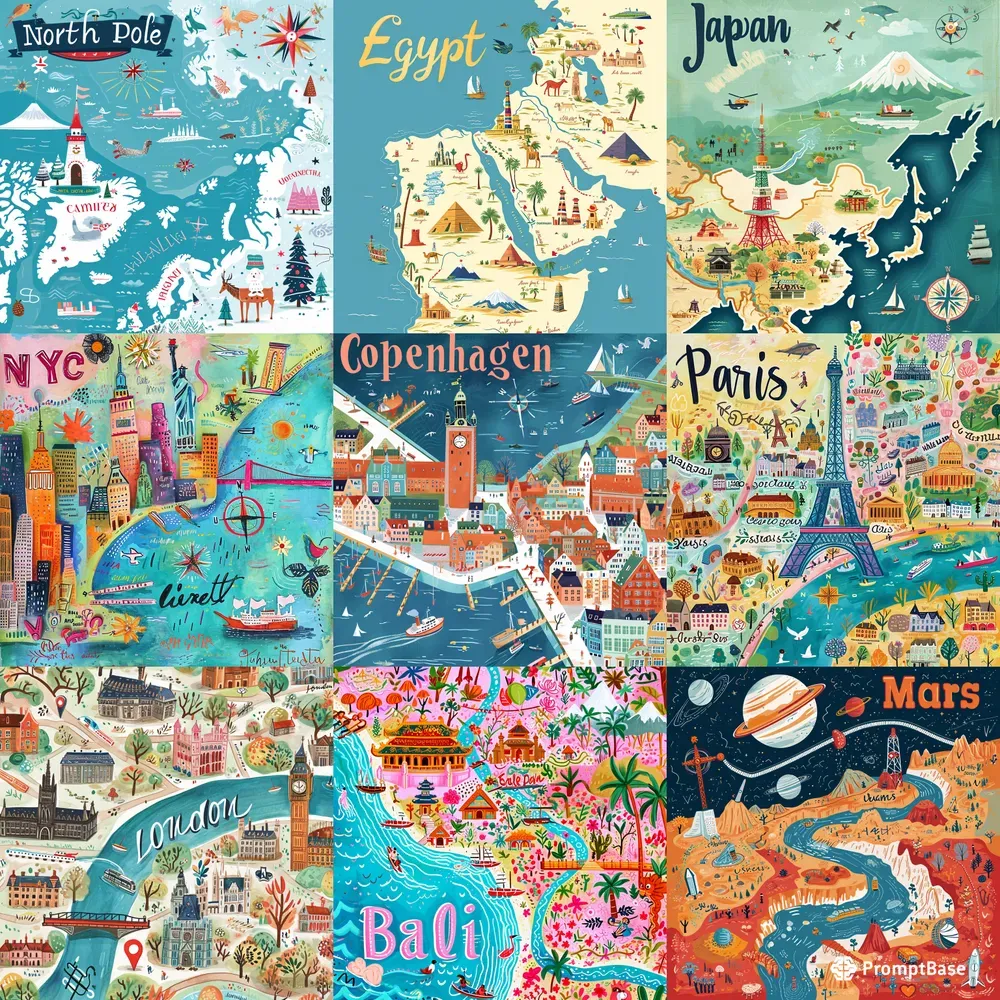 Fun Travel Maps With Text Titles Midjourney Prompt | PromptBase