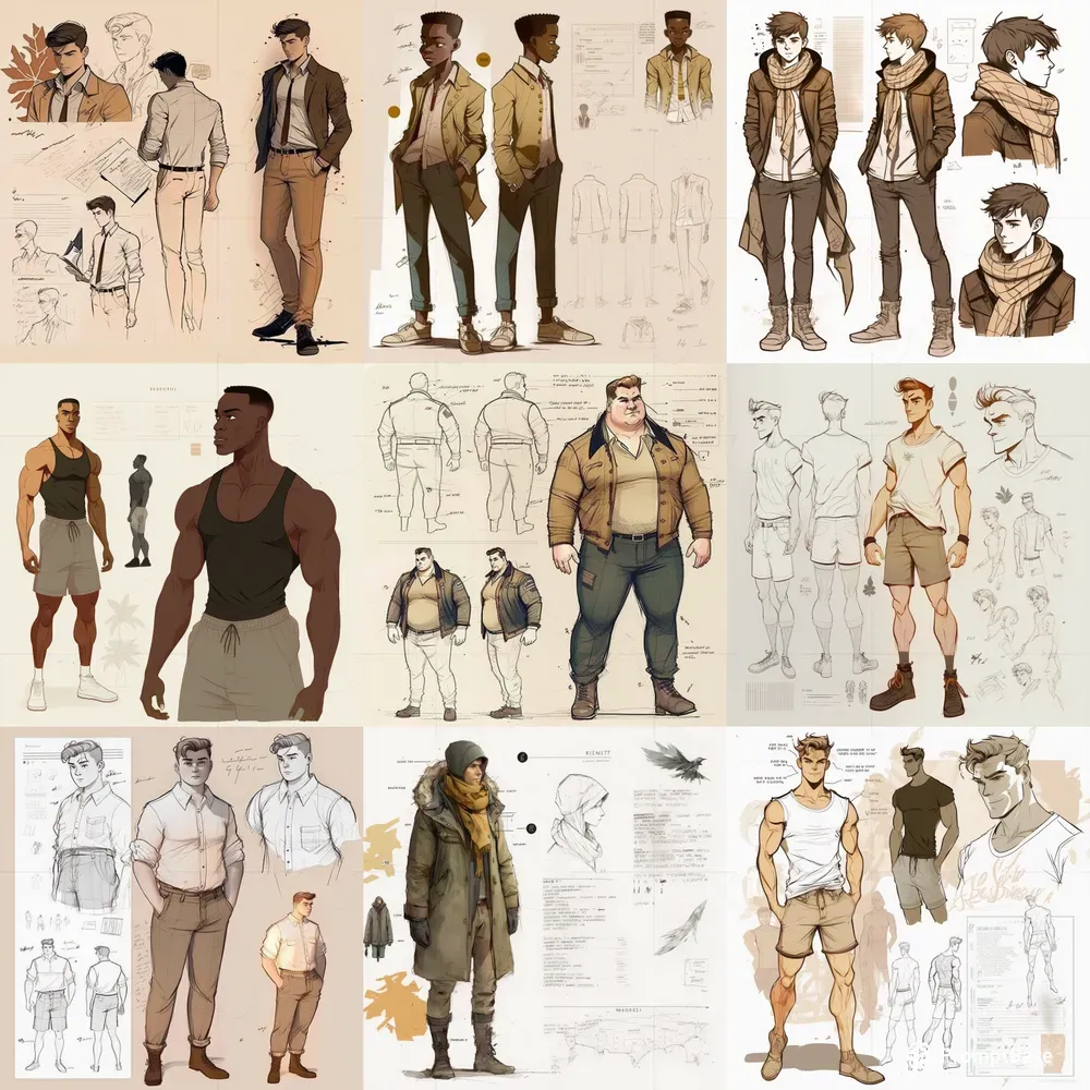 Male Full-body Fashion Character Sketches Midjourney Prompt | PromptBase