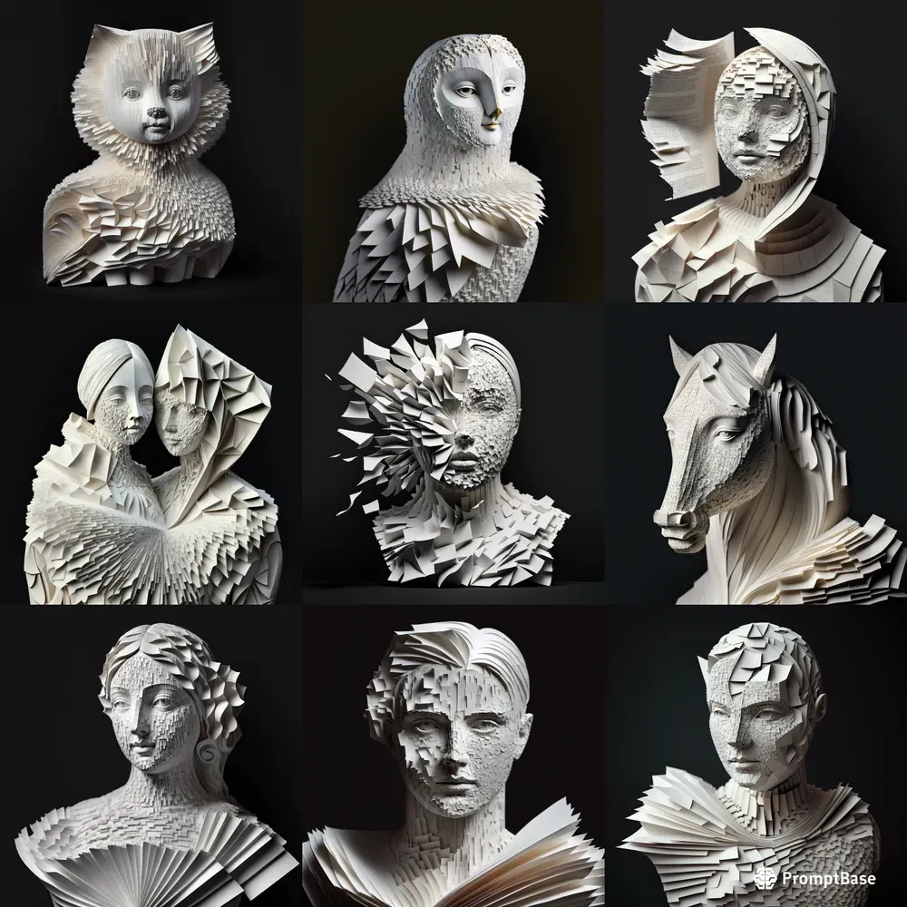 Folded Paper Mache Book Art Portraits Midjourney Prompt | PromptBase