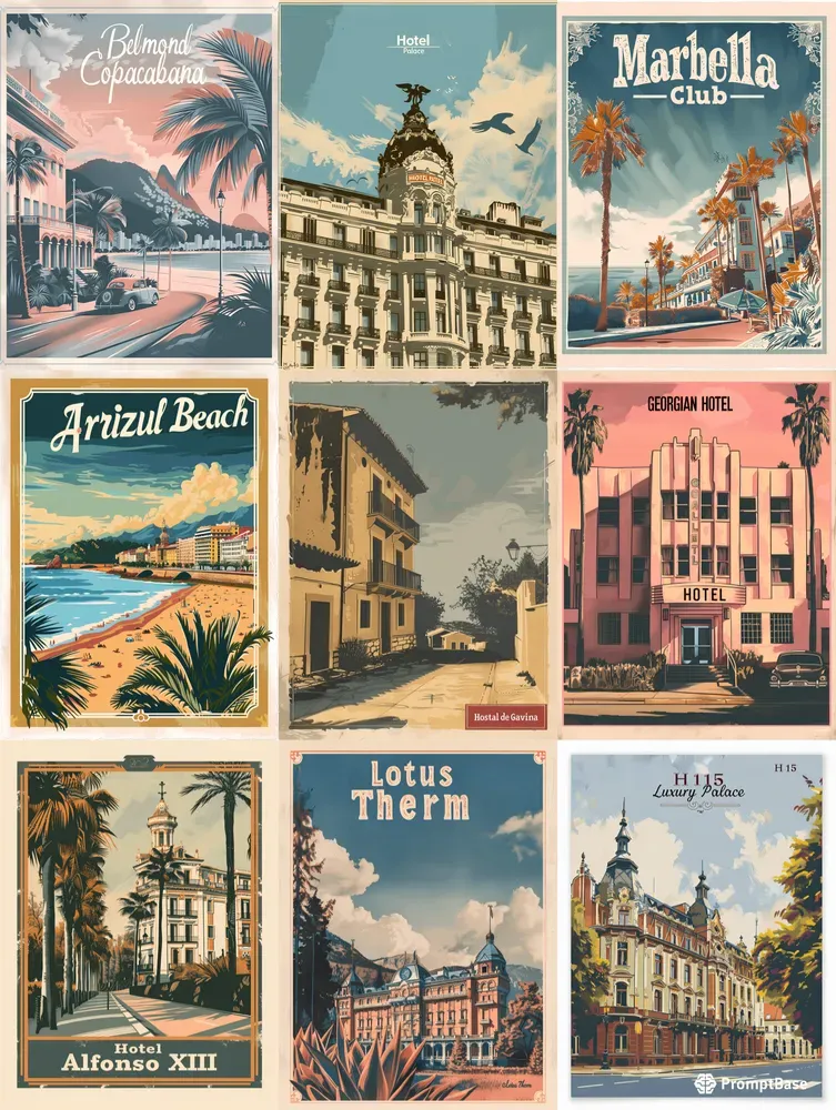 Vintage Hotel Charm Posters Midjourney Prompt | PromptBase