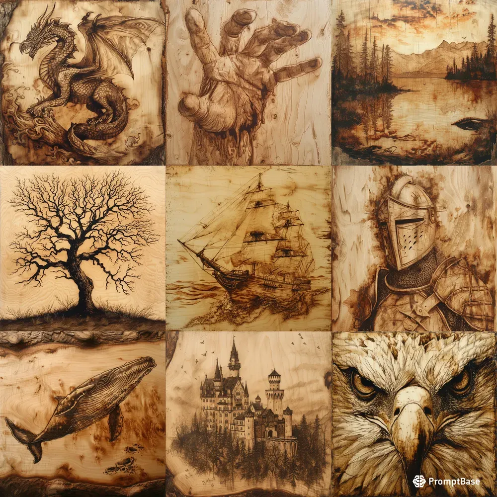 Wood Burning Pyrography Artwork Midjourney Prompt | PromptBase