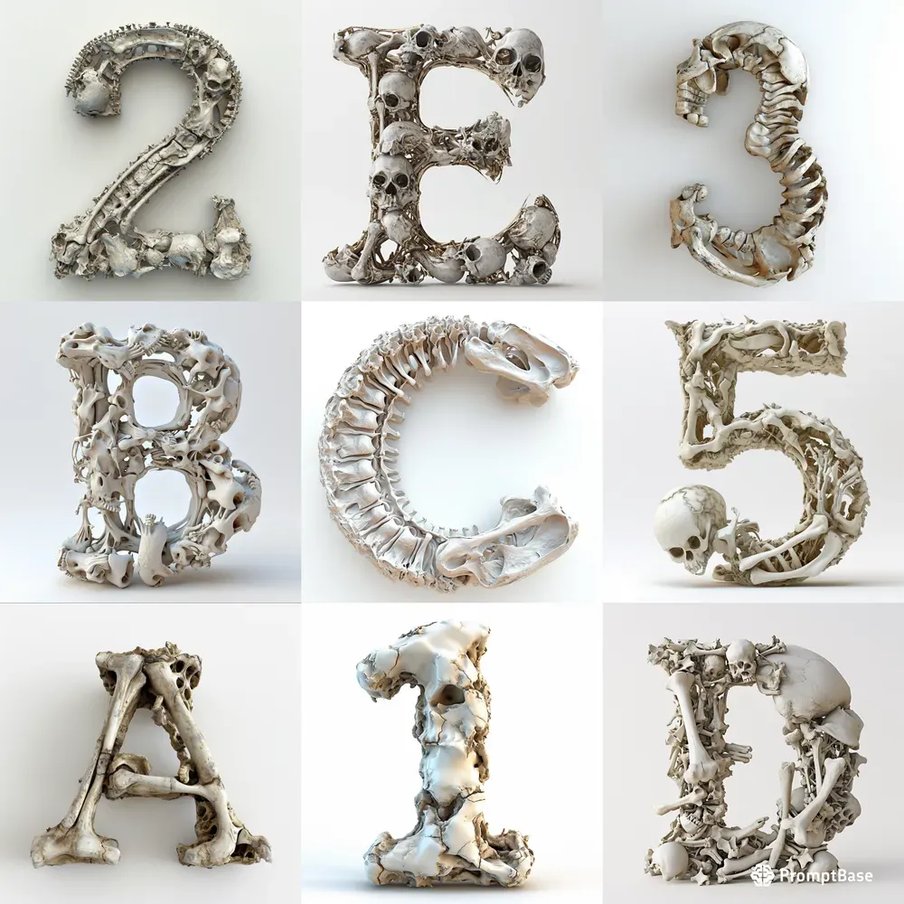 Alphabet Text Bones Letters And Numbers Midjourney Prompt | PromptBase