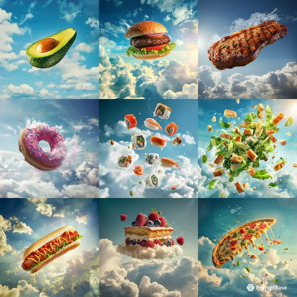 Flying Foods In The Skies Midjourney Prompt | PromptBase