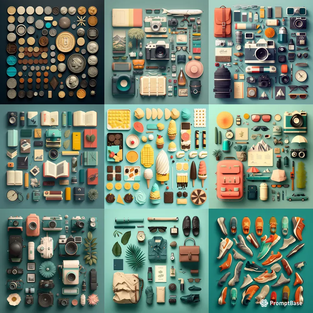 2D Illustrations Knolling Photographs Midjourney Prompt | PromptBase