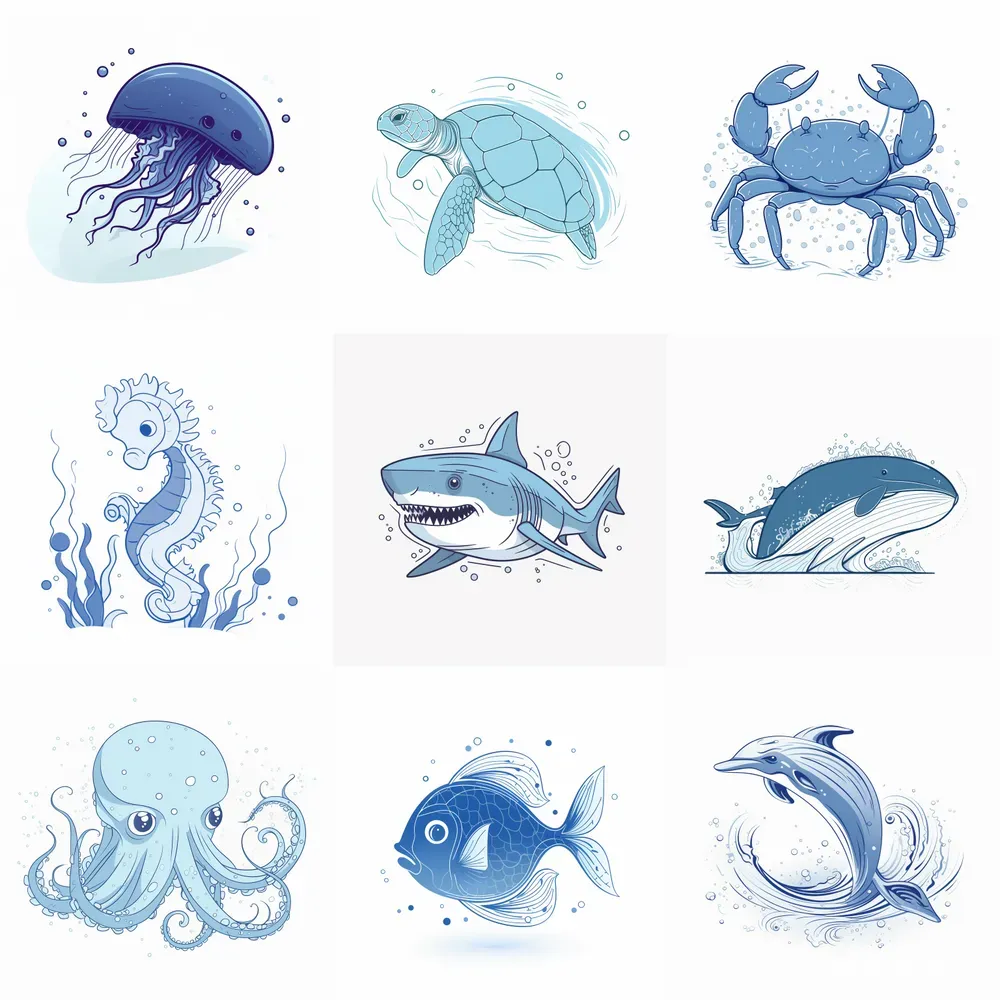 2D Bold Line Illustrations Marine Animals Midjourney Prompt | PromptBase