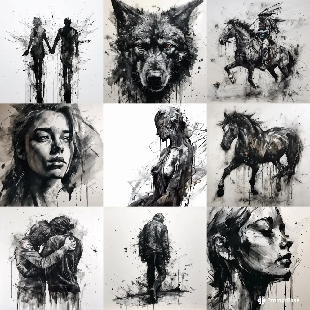 Black And White Ink Character Artworks Midjourney Prompt | PromptBase