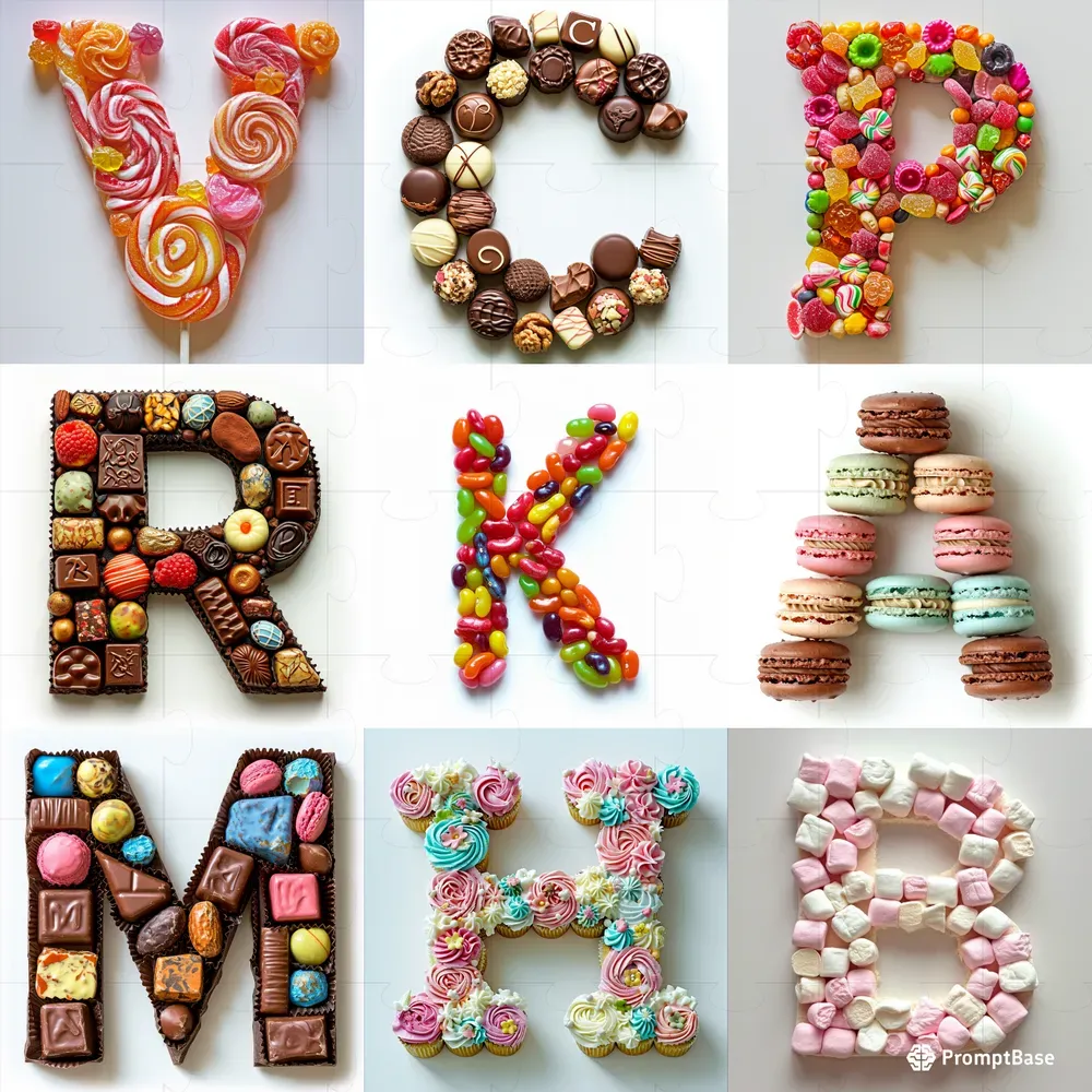 Cohocolates And Sweets Made Letters Text Midjourney Prompt | PromptBase