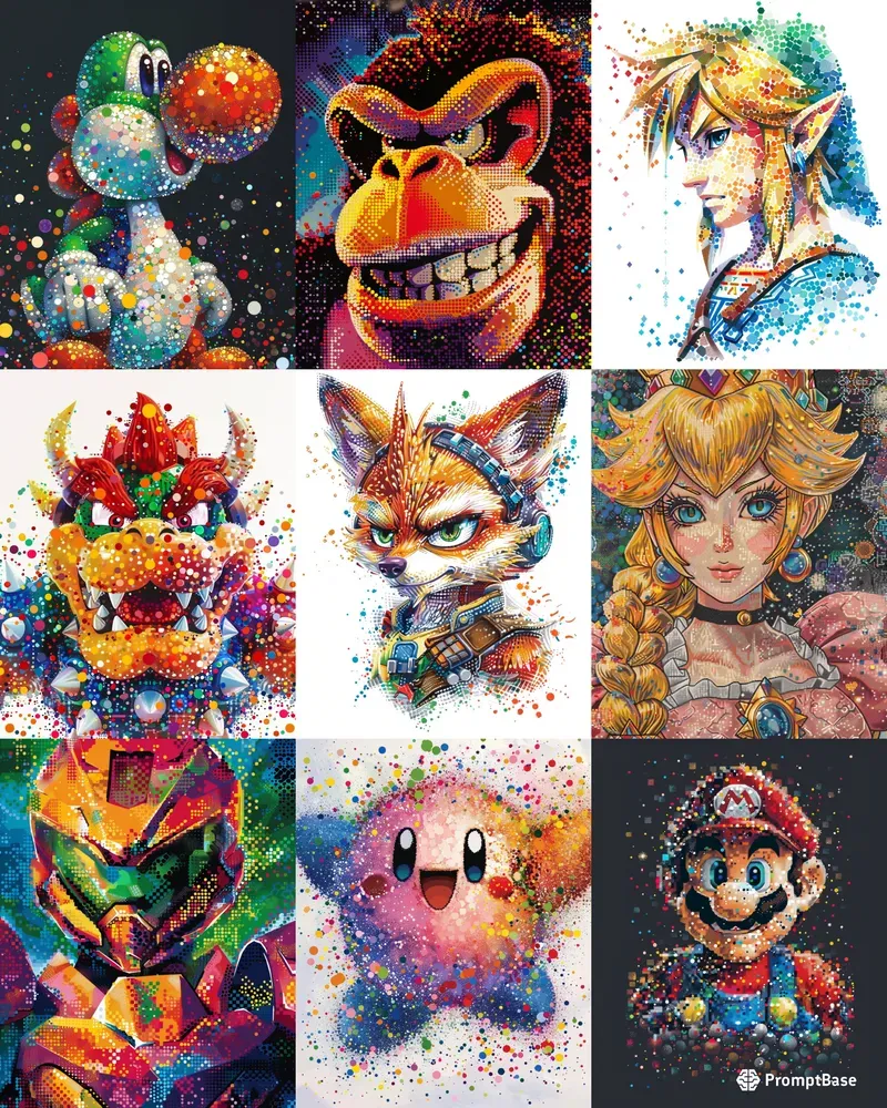 Nintendos Characters In Pointillism Midjourney Prompt | PromptBase