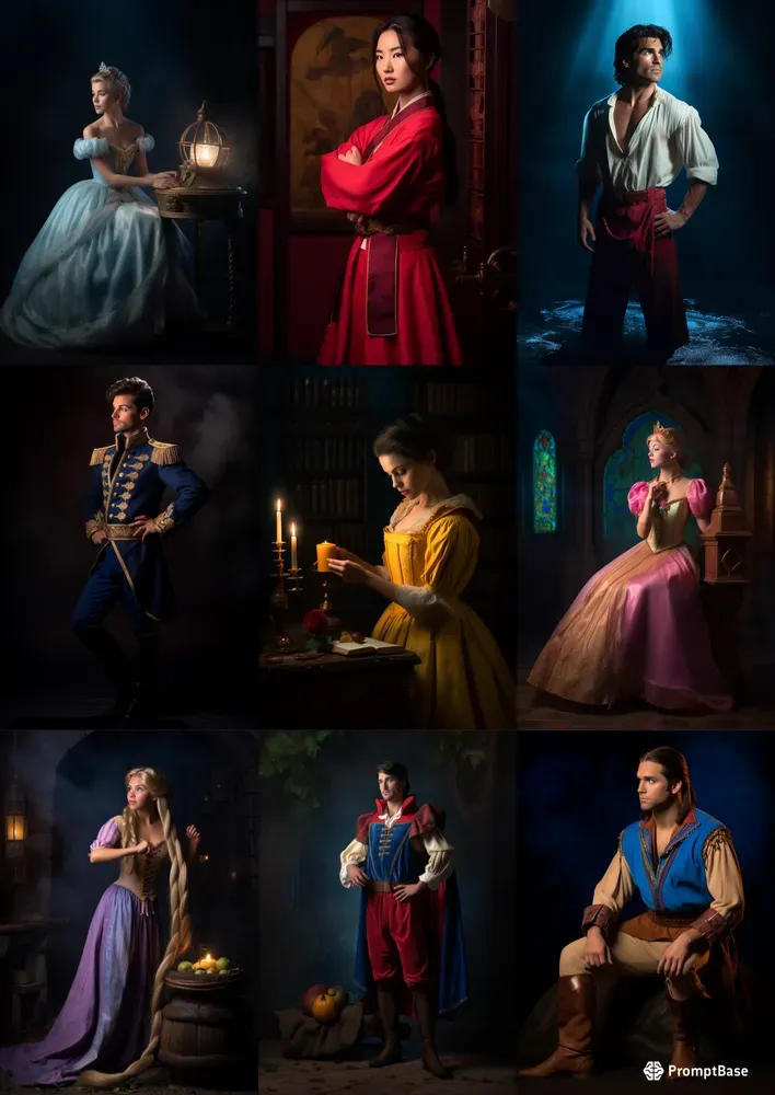 Photos Of Disney Princes And Princesses Midjourney Prompt | PromptBase