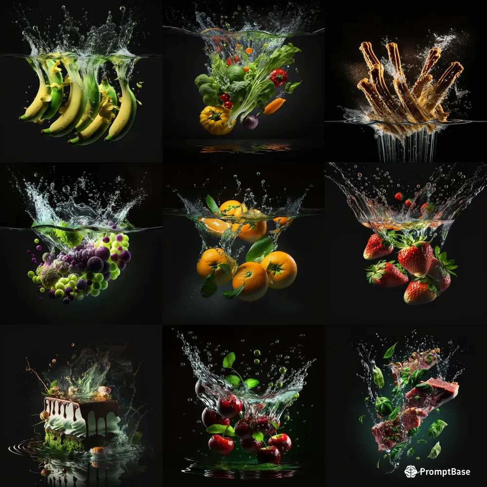Fresh Tasty Foods Falling In Water Epics Midjourney Prompt | PromptBase