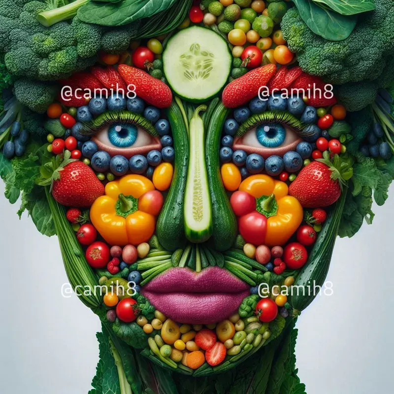 Fruits And Veggies Face Art DALL·E Prompt | PromptBase