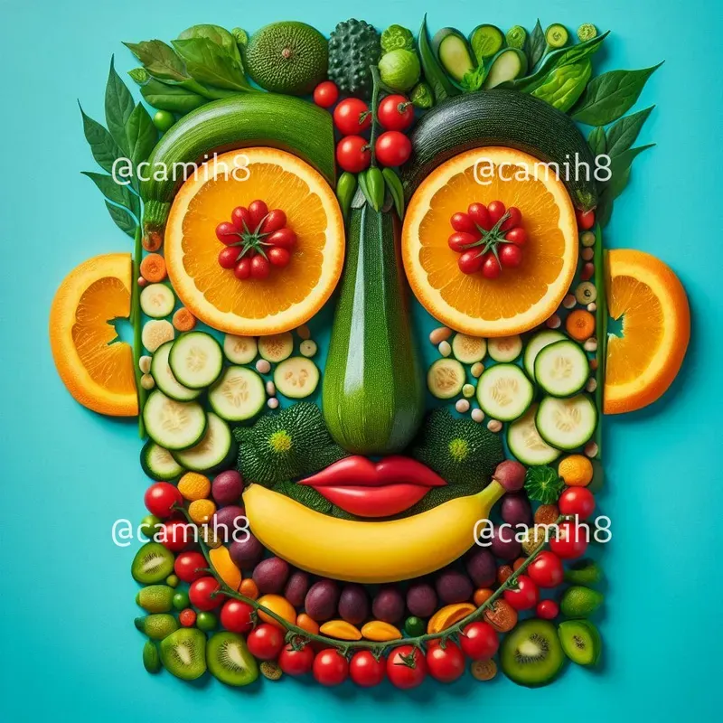 Fruits And Veggies Face Art DALL·E Prompt | PromptBase