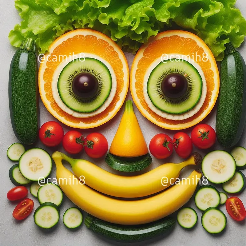 Fruits And Veggies Face Art DALL·E Prompt | PromptBase