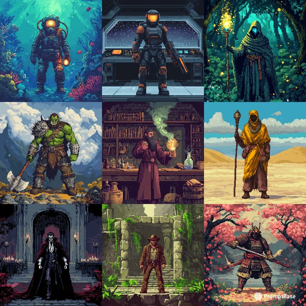 Retro Pixel Art Characters Midjourney Prompt | PromptBase