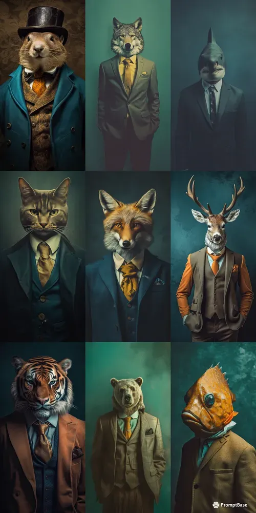 Strict Male Photos Of Animals In Suits Midjourney Prompt | PromptBase