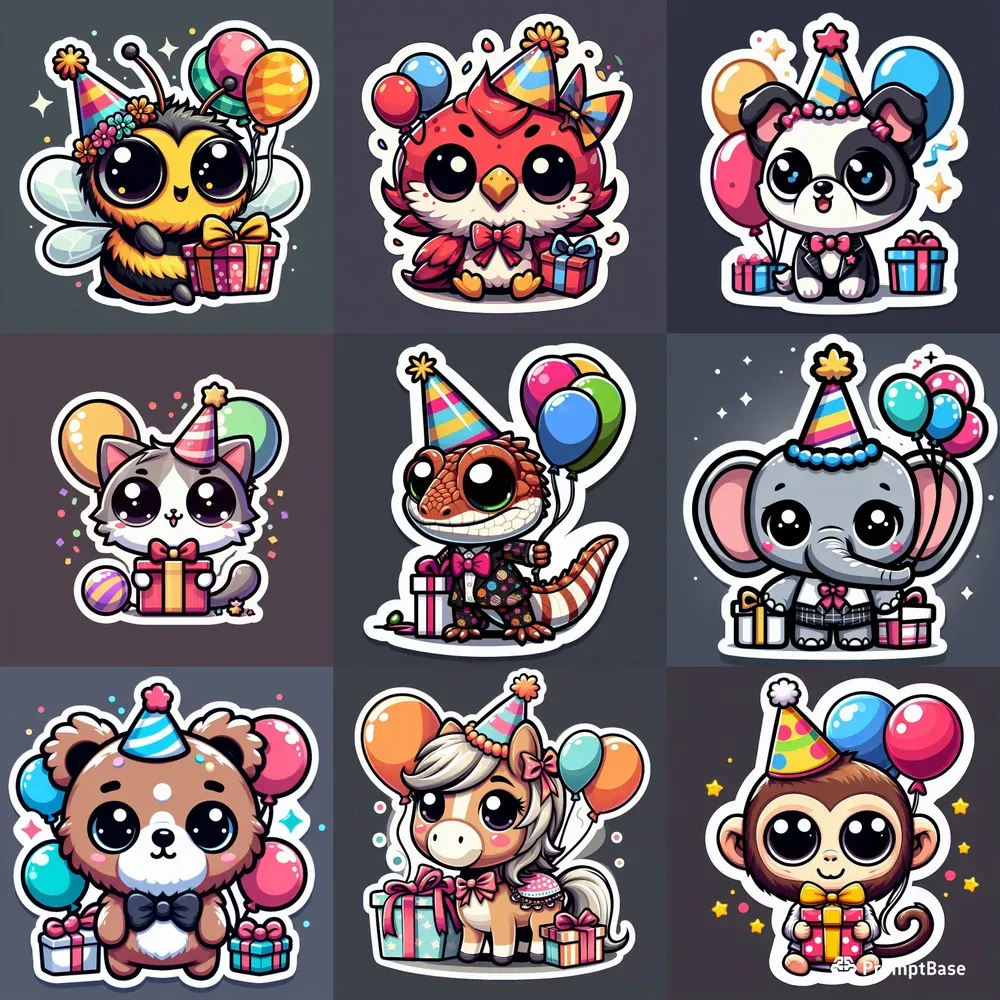 Cute Chibi Animal Birthday Stickers DALL·E Prompt | PromptBase