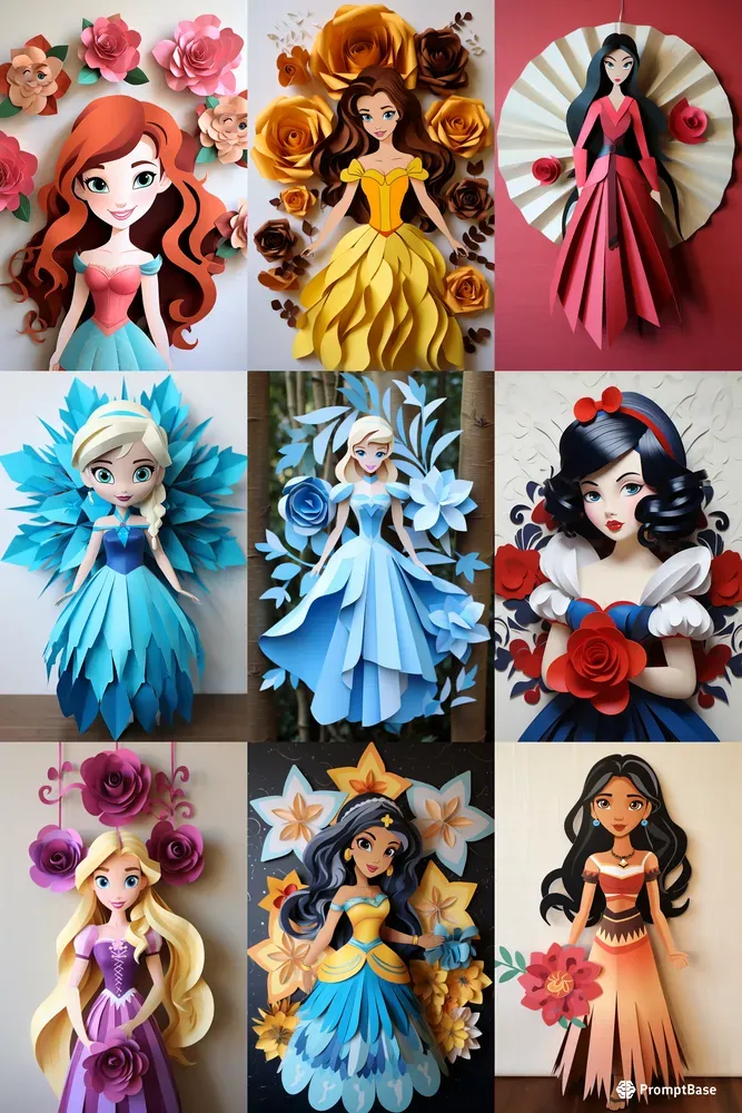 Papercraft Disney Princesses Midjourney Prompt | PromptBase