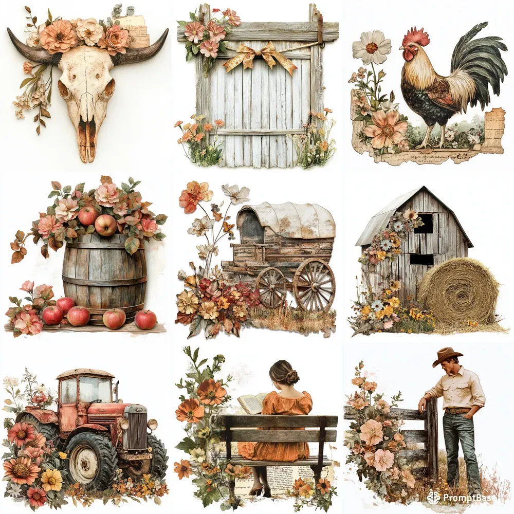 Rustic Country Theme Ephemera Clipart Midjourney Prompt | PromptBase