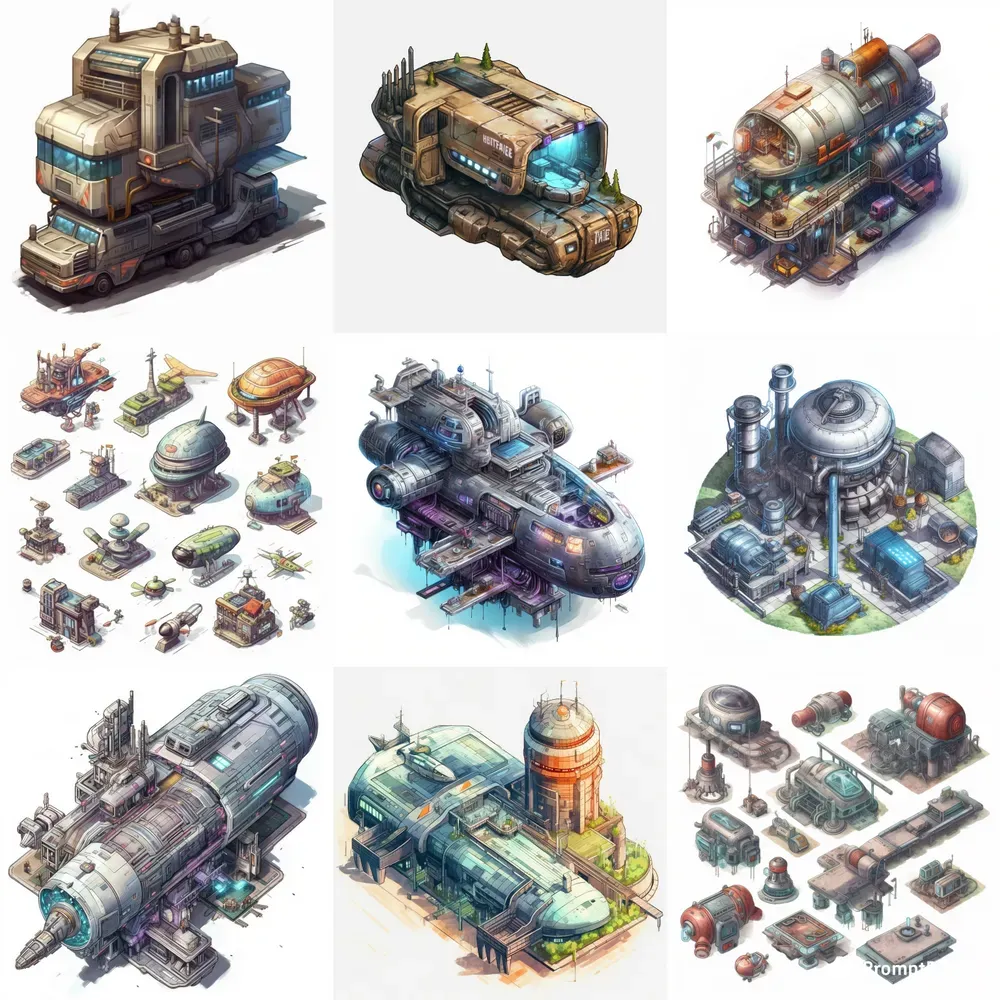 Isometric Watercolor Alien Spaceships Midjourney Prompt | PromptBase