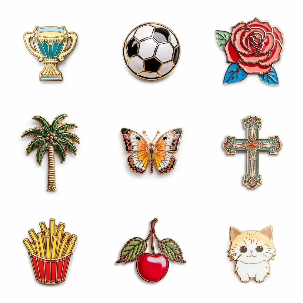 Realistic Enamel Pins Design Photographs Midjourney Prompt | PromptBase