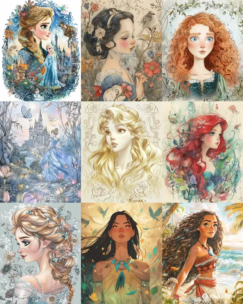 Disney Princesses Hand Drawn Midjourney Prompt | PromptBase