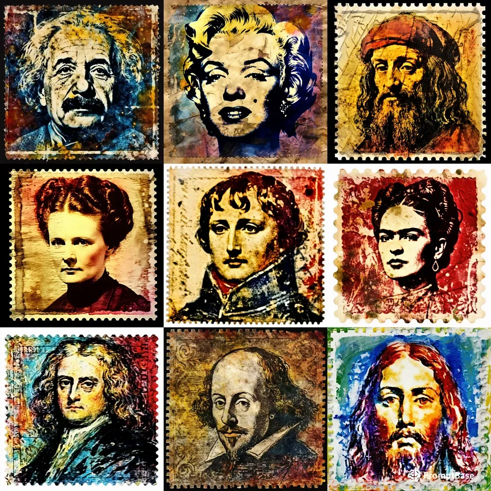 Famous People Old Postage Stamps Midjourney Prompt | PromptBase
