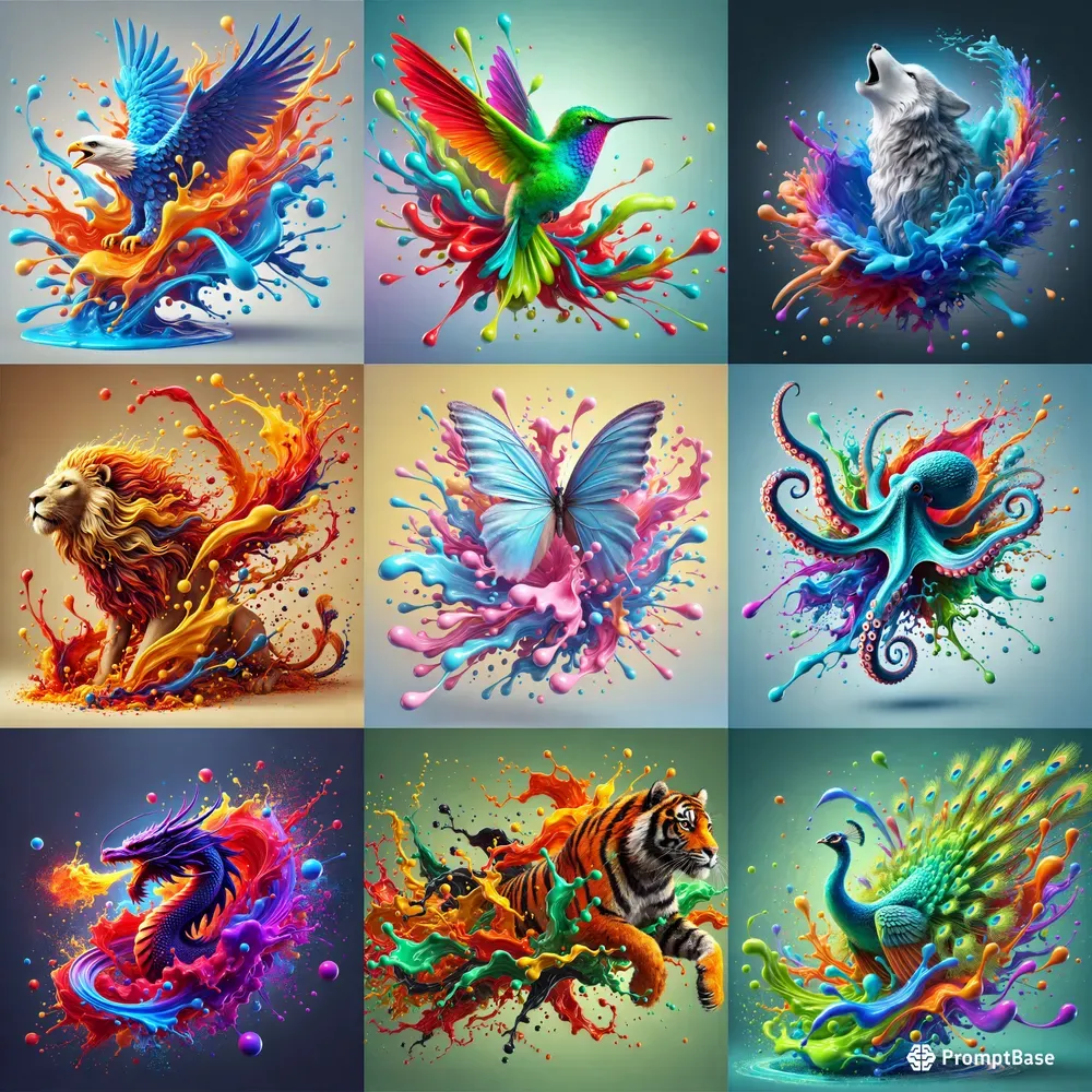 Vibrant 3D Animal Splash Art Generator DALL·E Prompt | PromptBase