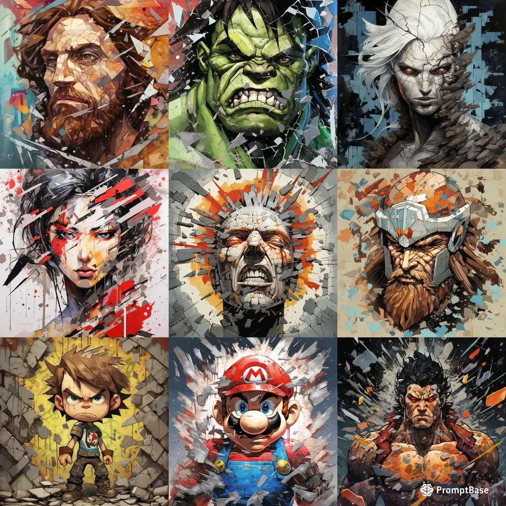 Fragmented Characters Illustrations Midjourney Prompt | PromptBase