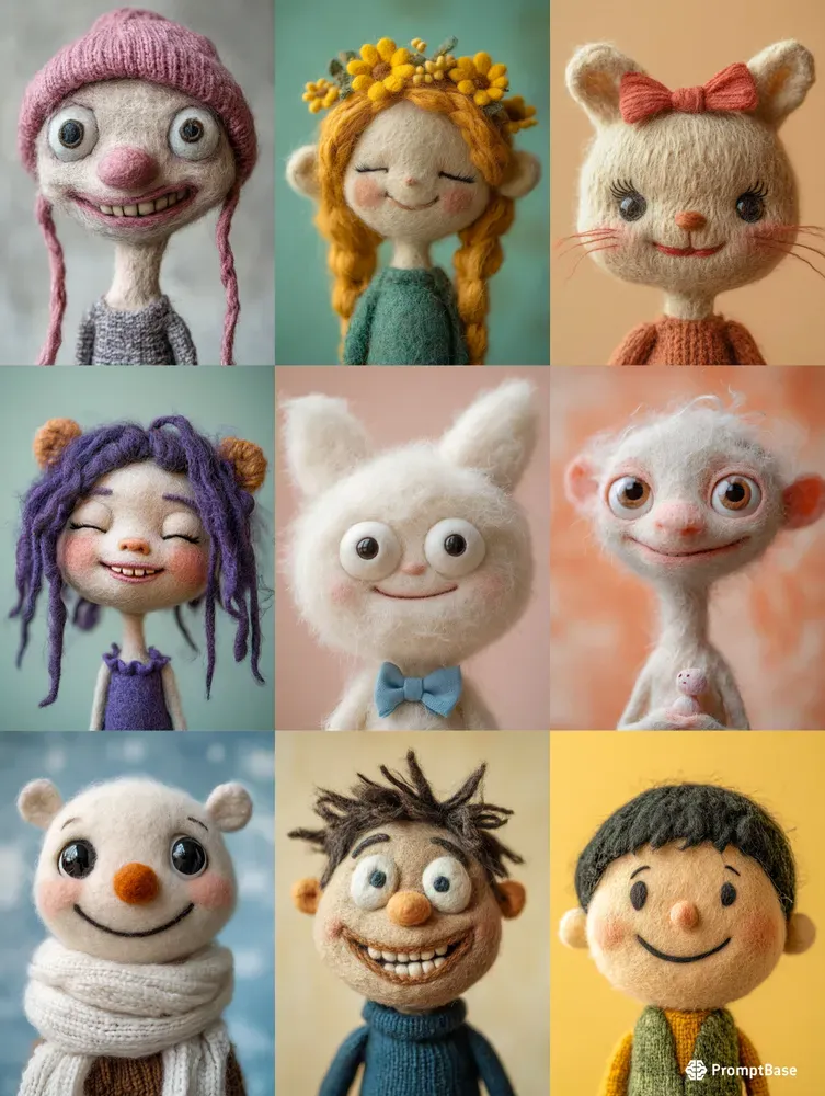 Adorable Felted Puppet Characters Midjourney Prompt | PromptBase