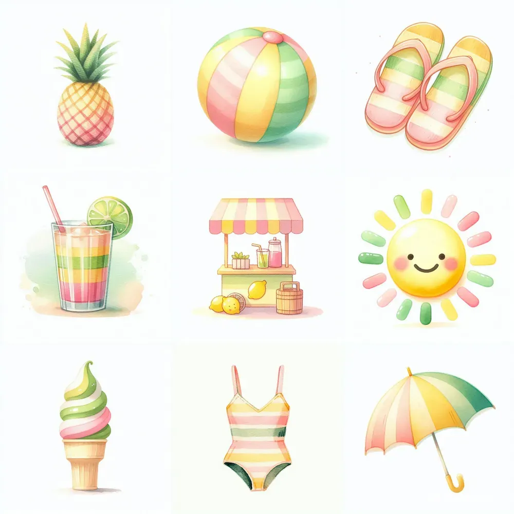 Summer Themed Watercolor Cliparts DALL·E Prompt | PromptBase