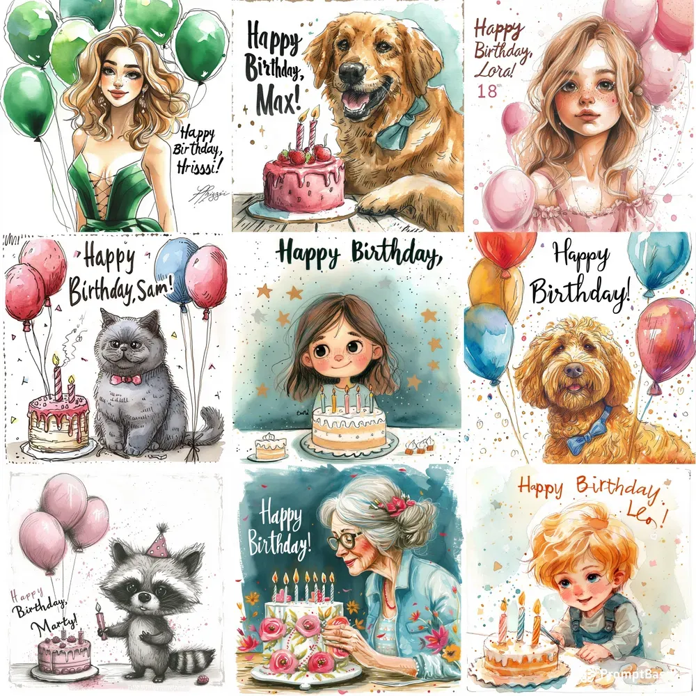 Custom Birthday Card Illustrations Midjourney Prompt | PromptBase