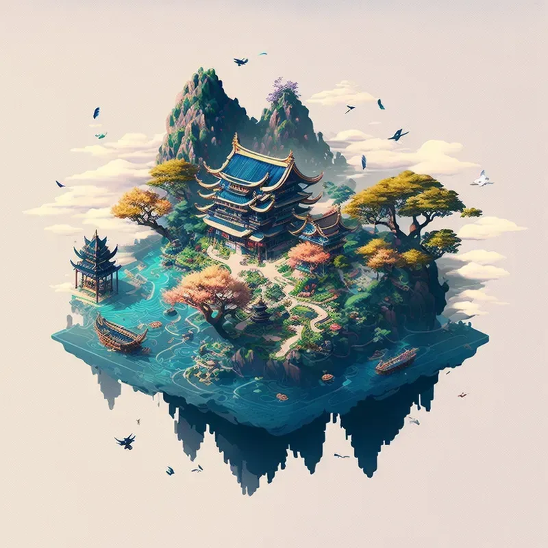 Pixel Art Asian Floating Islands Midjourney Prompt | PromptBase