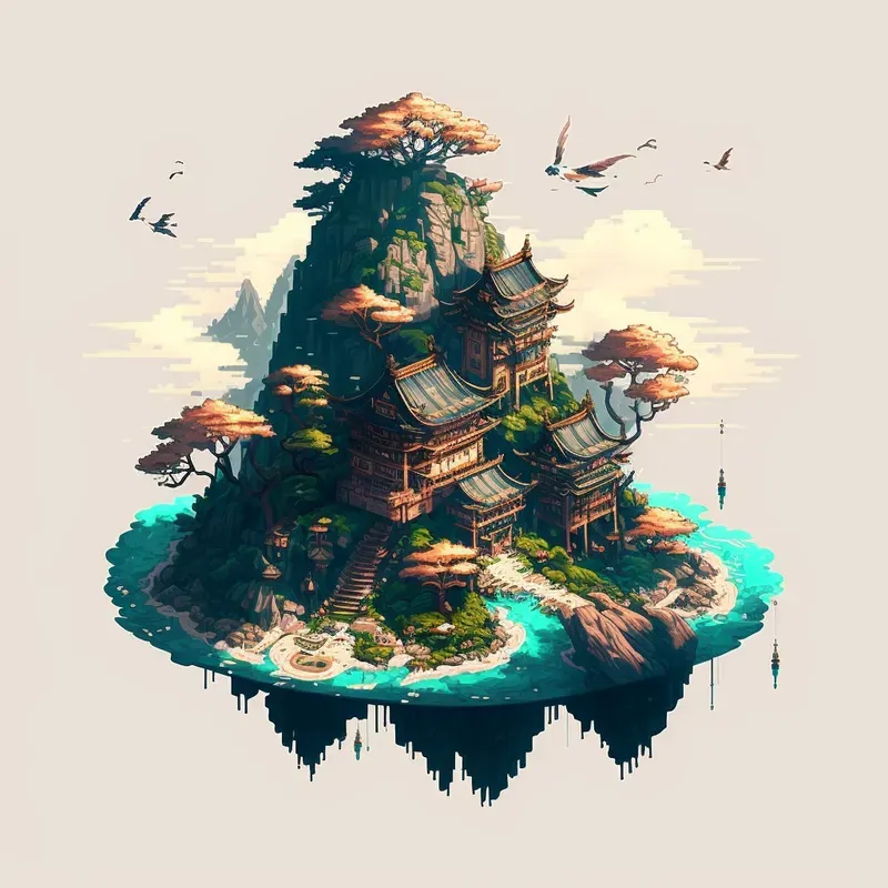Pixel Art Asian Floating Islands Midjourney Prompt | PromptBase