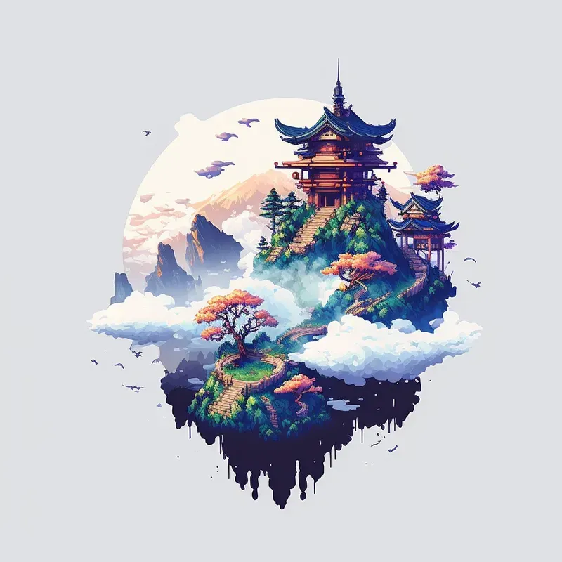 Pixel Art Asian Floating Islands Midjourney Prompt | PromptBase