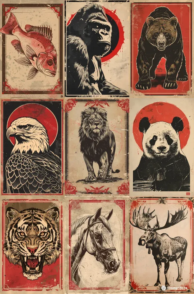 Vintage Animal Circus Posters Red Black Midjourney Prompt | PromptBase