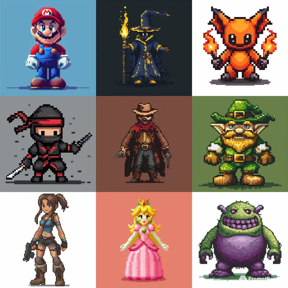Pixelated Video Game Characters 8-bits Midjourney Prompt | PromptBase